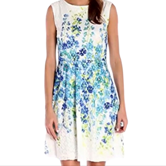 Studio One | Dresses | Studio One White Lace Blue Green Floral Fit And ...